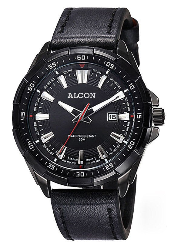 Mens all black leather sport watch - Men leather watches | Alcon Watch ...